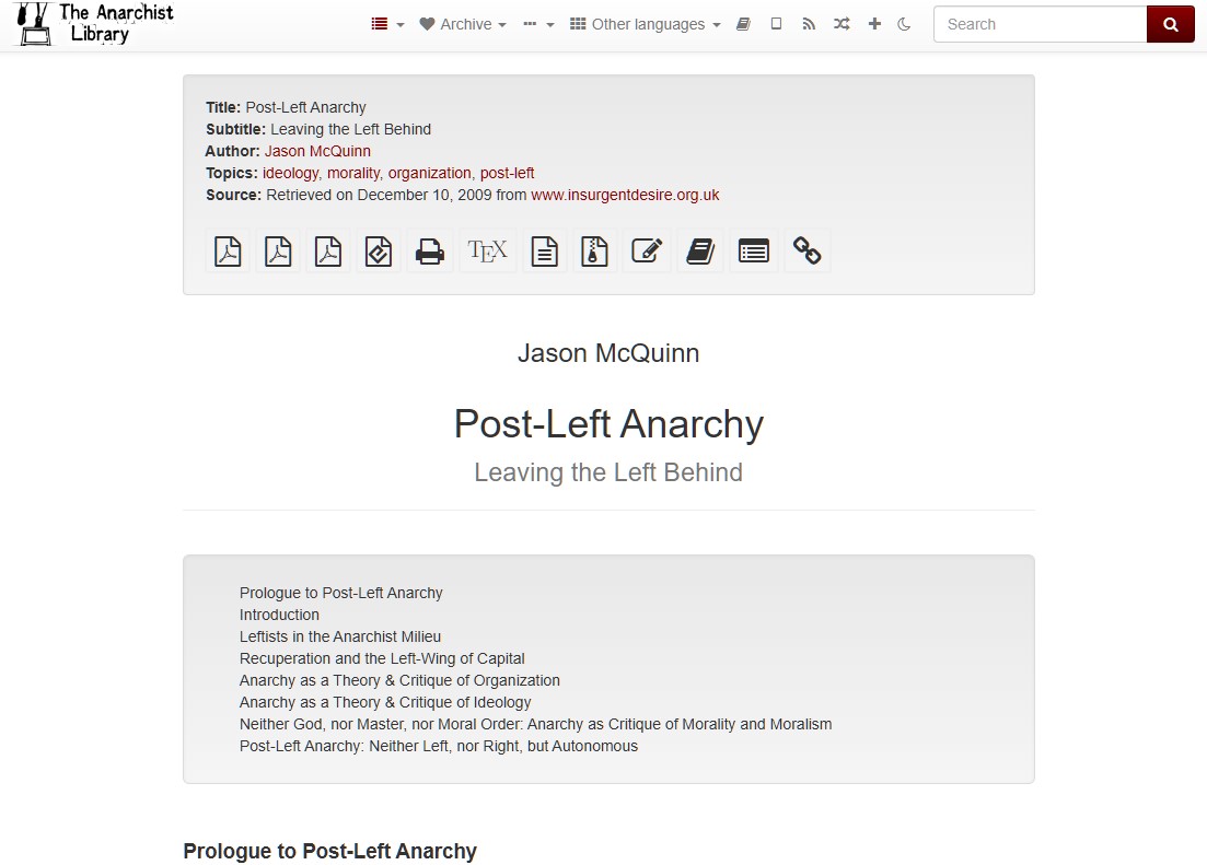 『ポスト左派アナキズム：左派を見捨てて』Jason McQuinn 2009年